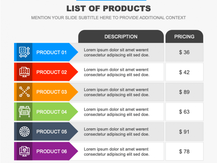 List of Products PowerPoint and Google Slides Template - PPT Slides